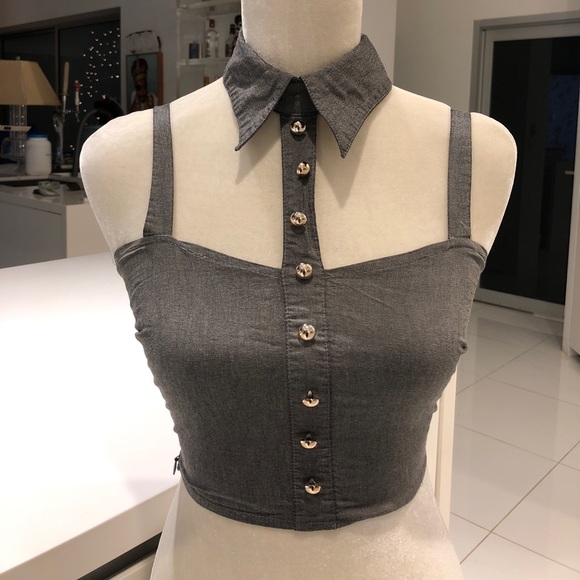 Tops | Grey Stretchy Crop Top Collar Buttons Shirt | Poshmark